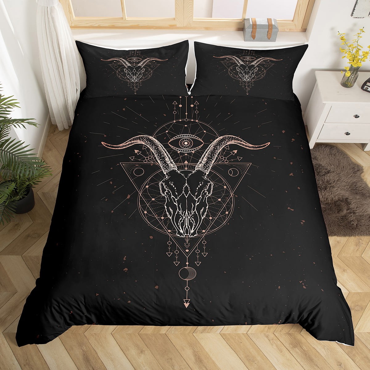 Goat Skull Duvet Cover Full, Geometric Symbol Bedding Set, Black Gold ...