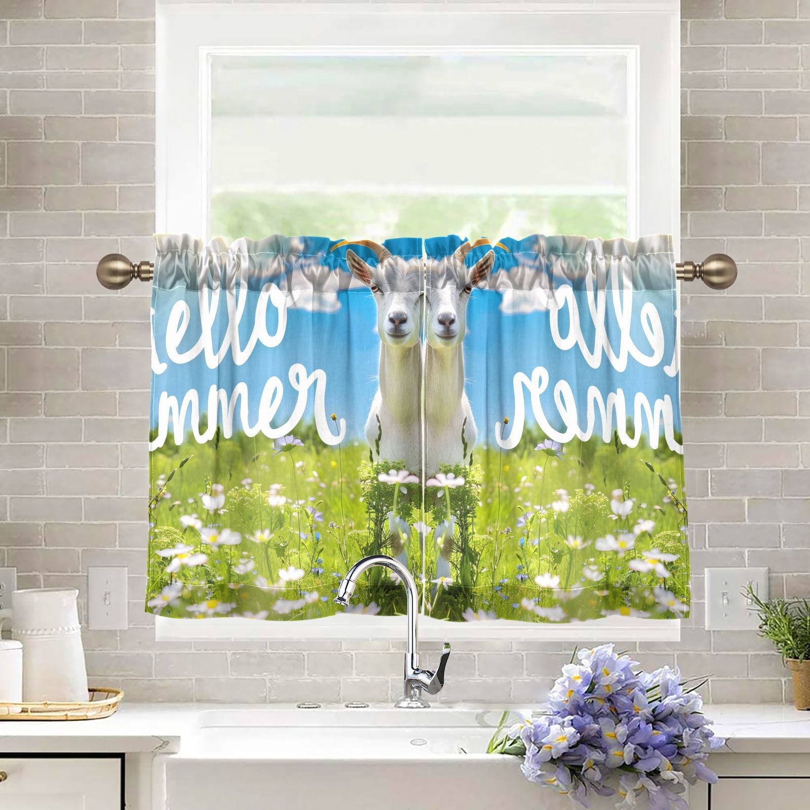 Goat Summer Sheep Greed Kitchen Curtains Half Tier Curtain 2 Rod ...