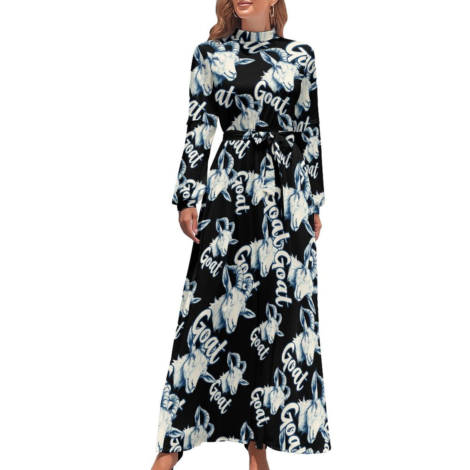 Goat Women's Fall Maxi Dress Long Sleeve Turtleneck Flowy Smocked Tie ...