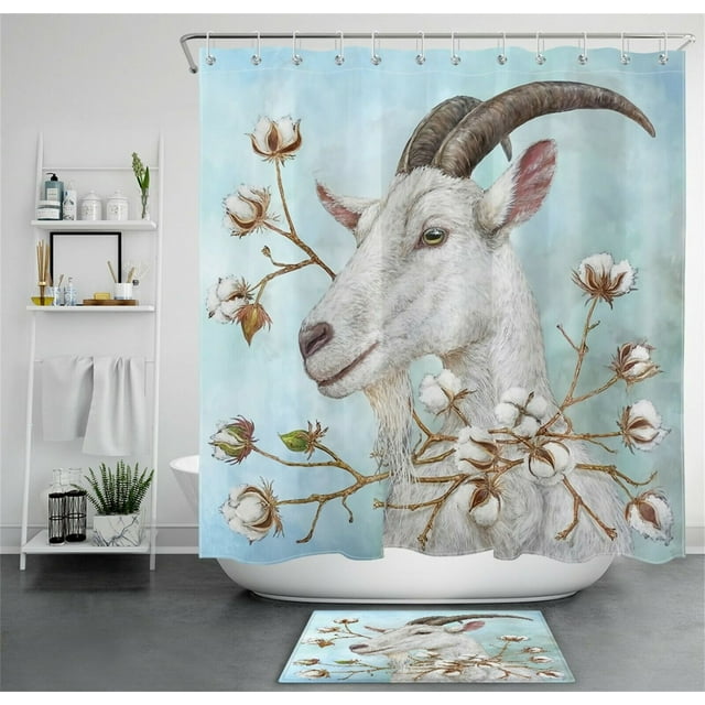 Goat-tastic Shower Set: Whimsical White Cotton Tree Curtain & Hooks for ...