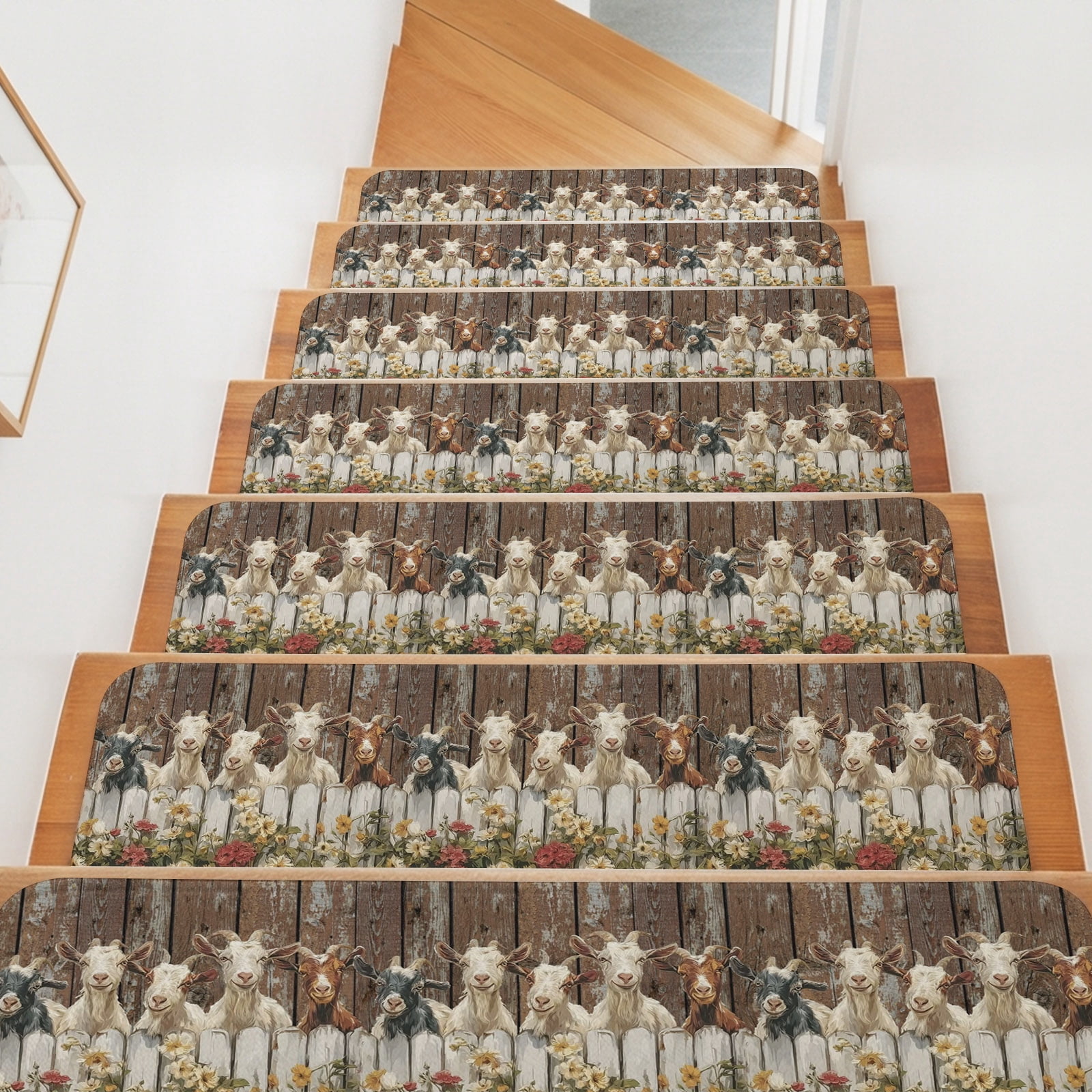 Goats Stair Treads Non Slip for Steps Retro Farmhouse Fence Floral Wood ...