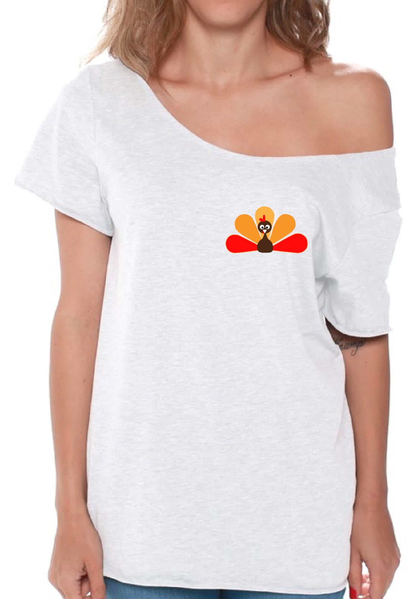 Gobble Cute Turkey Graphic Off Shoulder Shirt - Funny Thanksgiving Day ...