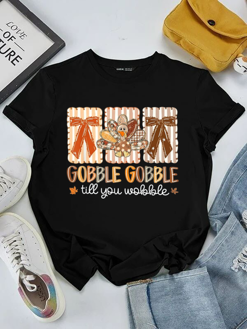 Gobble Till You Wobble Thanksgiving Turkey Bow Girly Unisex T-Shirt, up ...