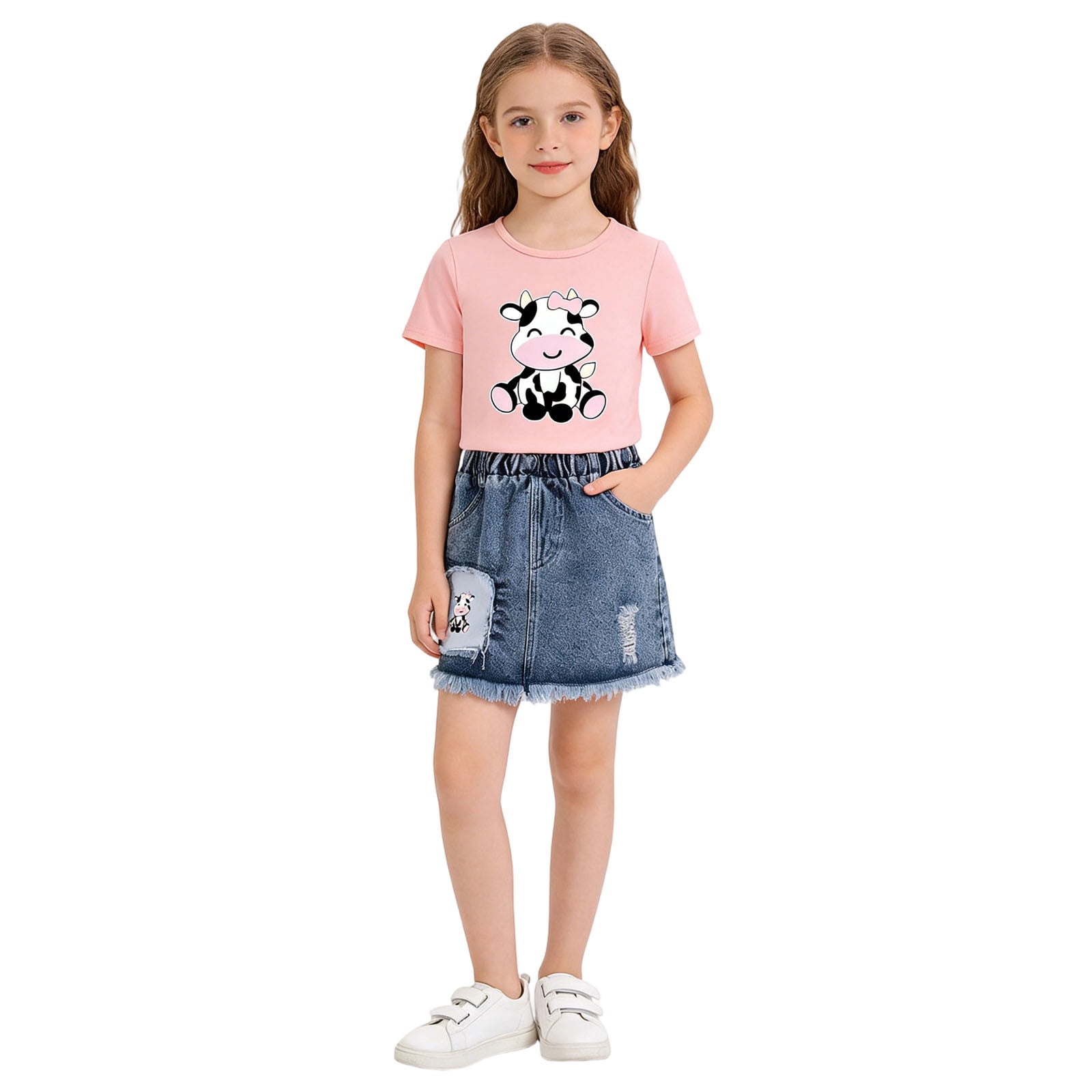 GobdXE Girls Cute Cow Print T-Shirt & Denim Skirt Set Color:Pink,Size:2 ...