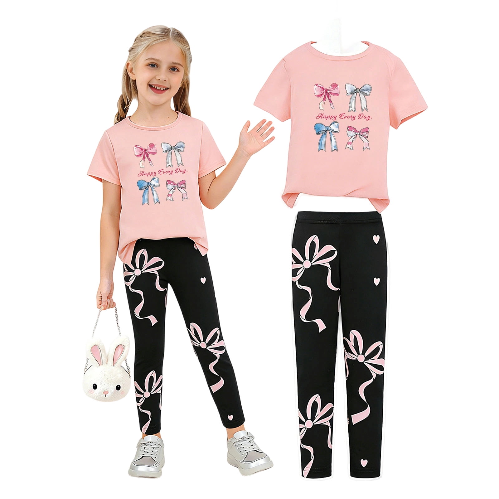 GobdXE Girls "Happy Every Day" Bow Print T-Shirt & Leggings Set Color ...