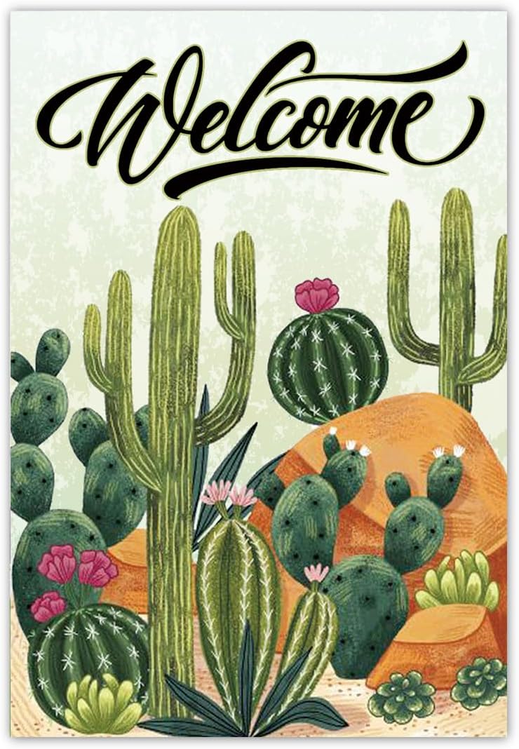 Gobi Cactus Flower Welcome, 12x18 inch Double Sided Rustic Farmhouse ...