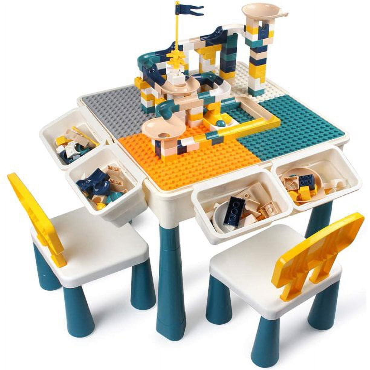 GobiDex 7 in 1 Multi Kids Activity Table Set with 2 Chairs and 100 Pieces Large Size Blocks ...