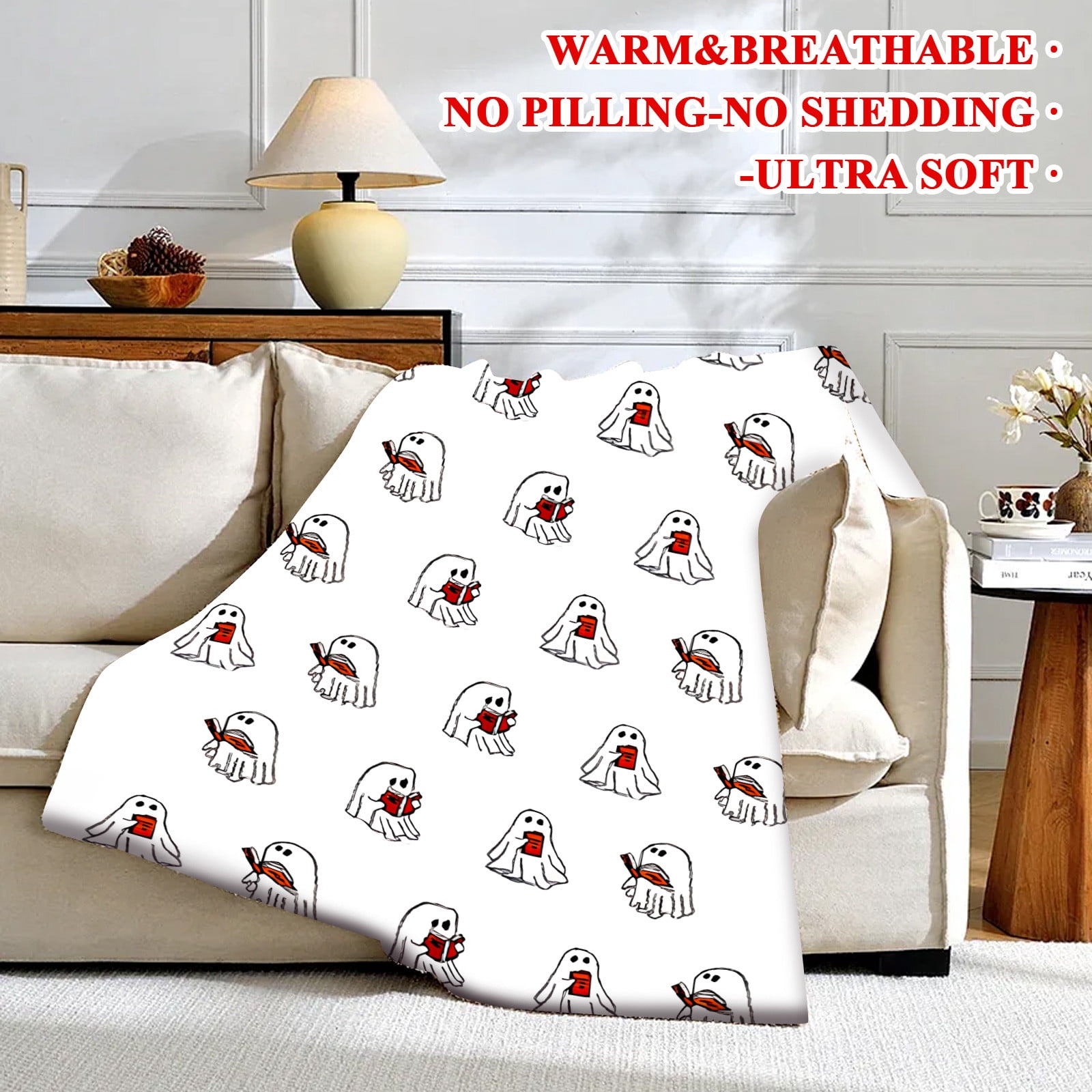 Goblin And Ghoul Ghost Reading Book Throw Blanket Halloween Decor 2025 ...