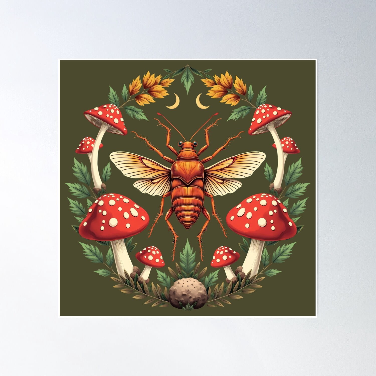 Goblincore Insect Composition With Red Amanita Mushrooms Poster Wall ...