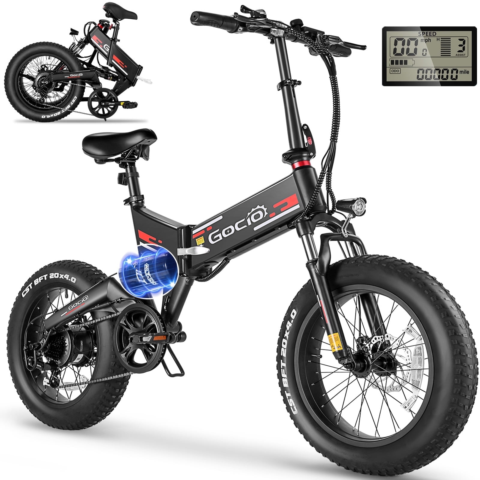 Gocio Foldable Electric Bikes Adult 20"x4" Fat Tire Electric Bike, 48V 10.4Ah, 500W Electric ...