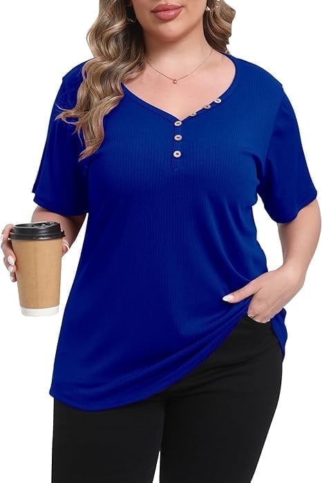 Gocolloa Womens Plus Size Button Up V Neck Tops Short Sleeve Ribbed T ...