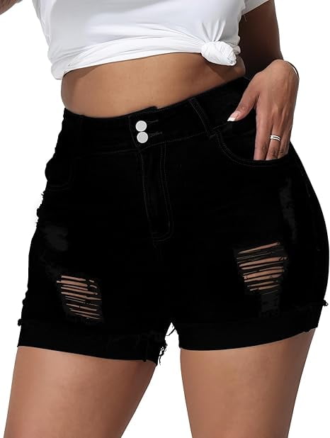 Gocolloa Womens Plus Size Jean Shorts High Waisted Stretchy Ripped ...