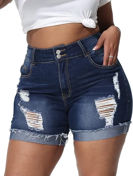 Gocolloa Womens Plus Size Jean Shorts High Waisted Stretchy Ripped ...