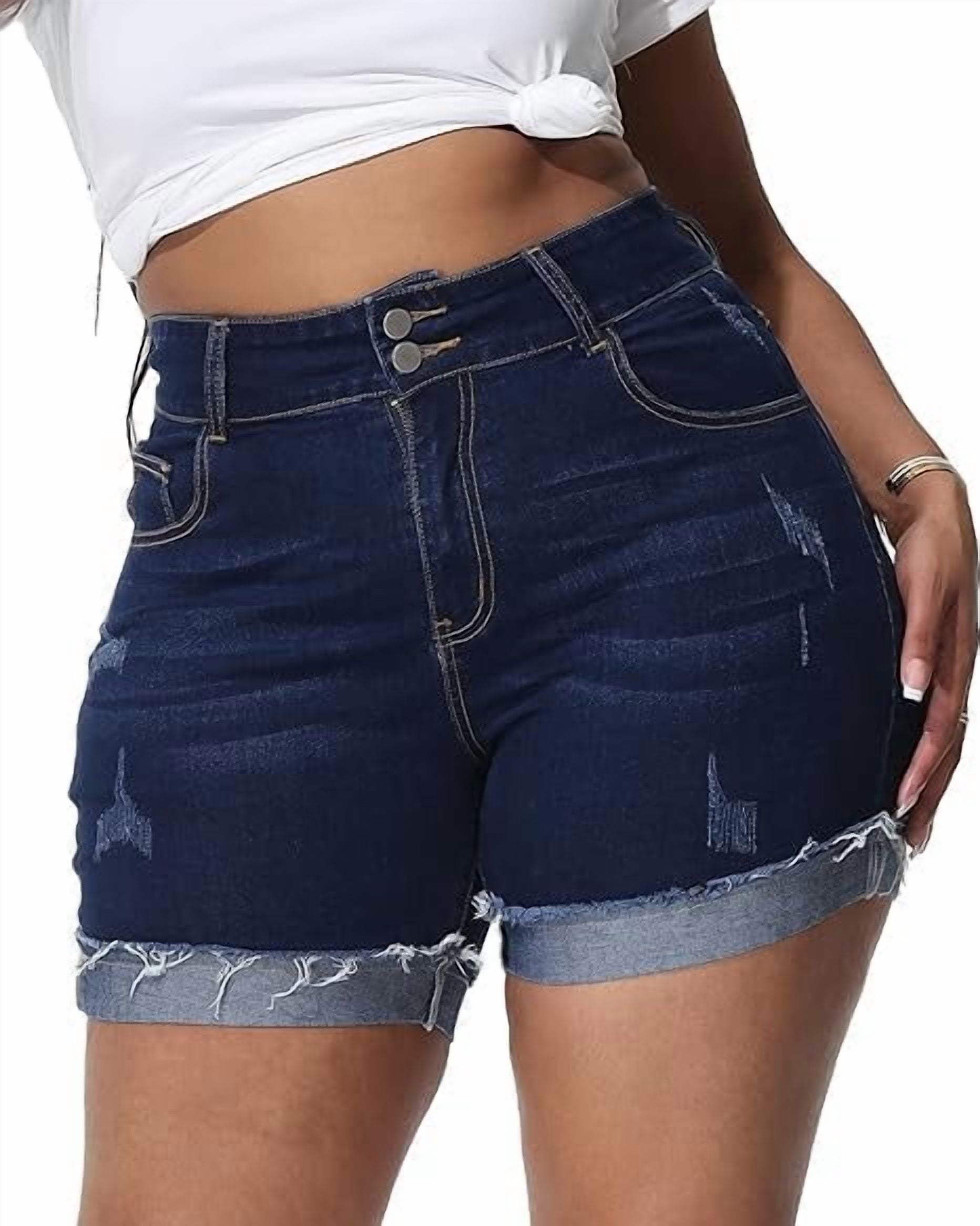 Gocolloa Womens Plus Size Jean Shorts High Waisted Stretchy Ripped ...