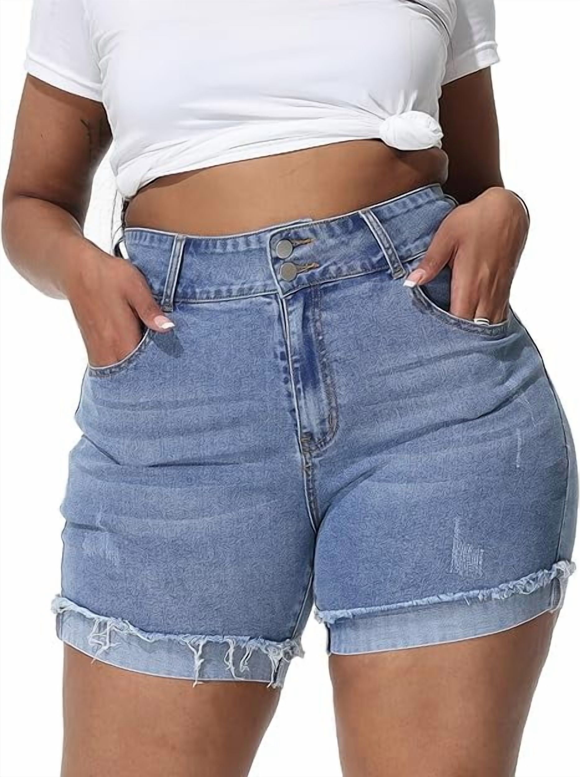 Gocolloa Womens Plus Size Jean Shorts High Waisted Stretchy Ripped ...