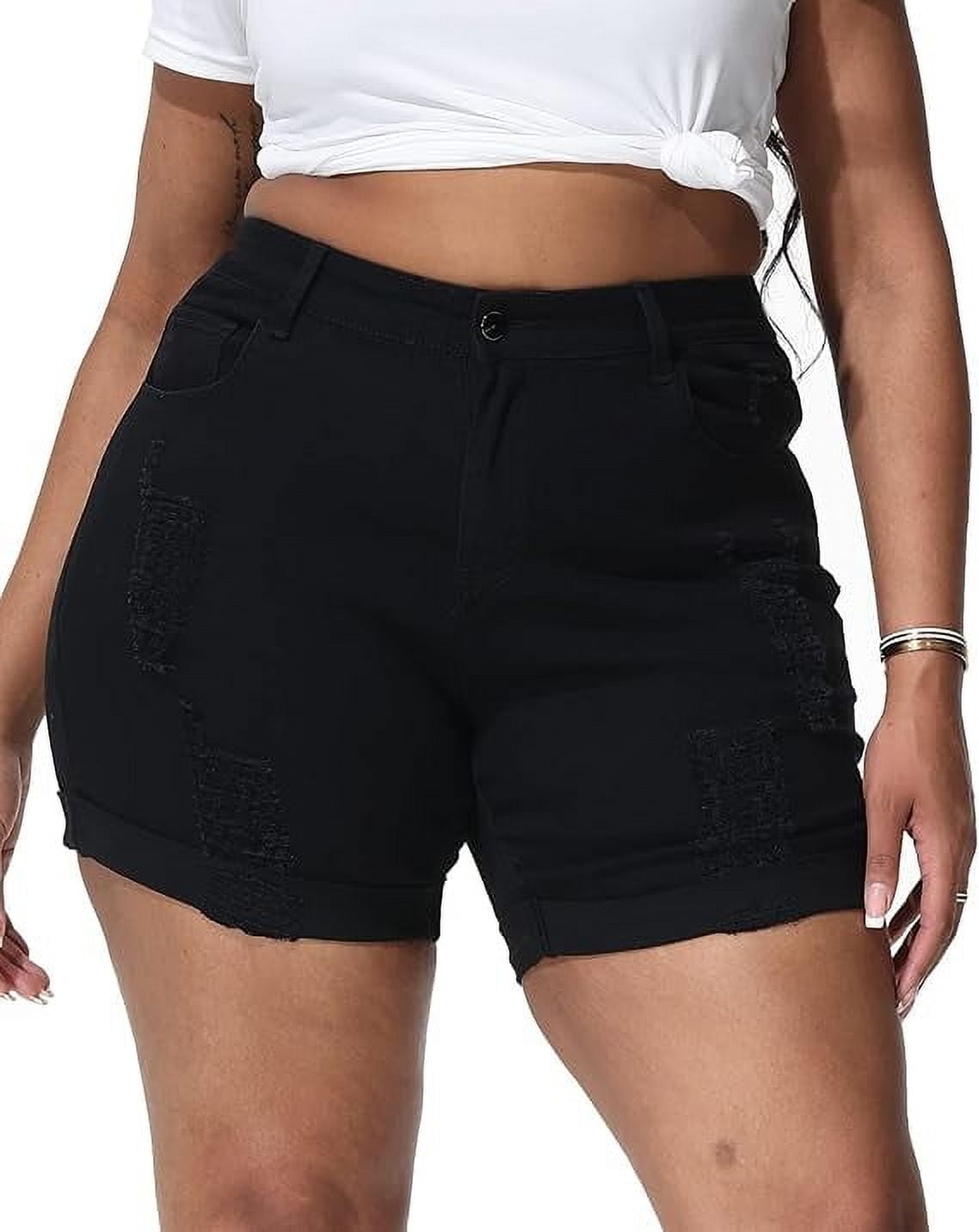 Gocolloa Womens Plus Size Jean Shorts Stretchy High Waisted Distressed ...