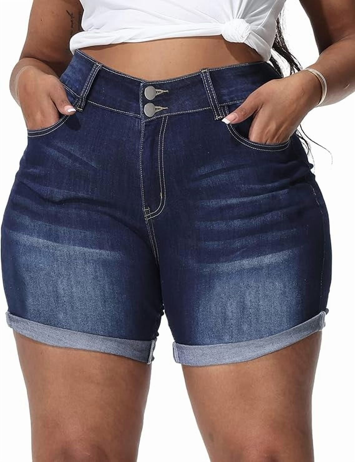 Gocolloa Womens Plus Size Jean Shorts Stretchy High Waisted Distressed ...