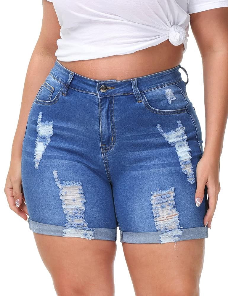 Gocolloa Womens Plus Size Jean Shorts Stretchy High Waisted Distressed ...
