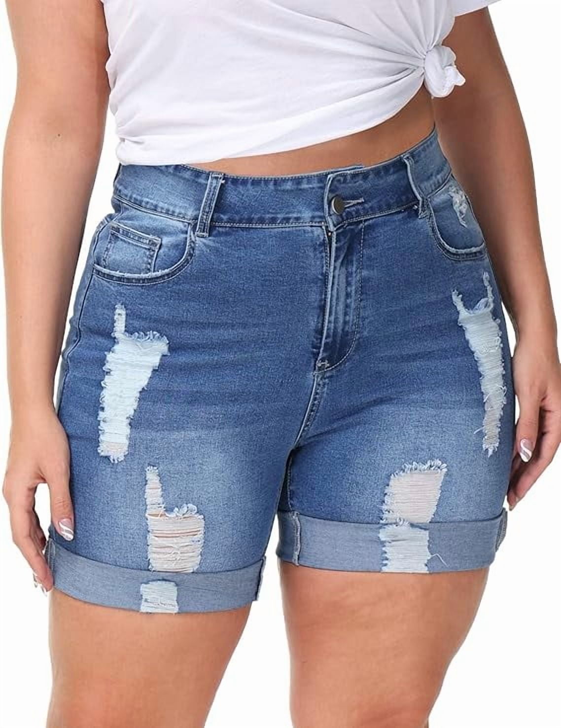 Gocolloa Womens Plus Size Jean Shorts Stretchy High Waisted Distressed ...