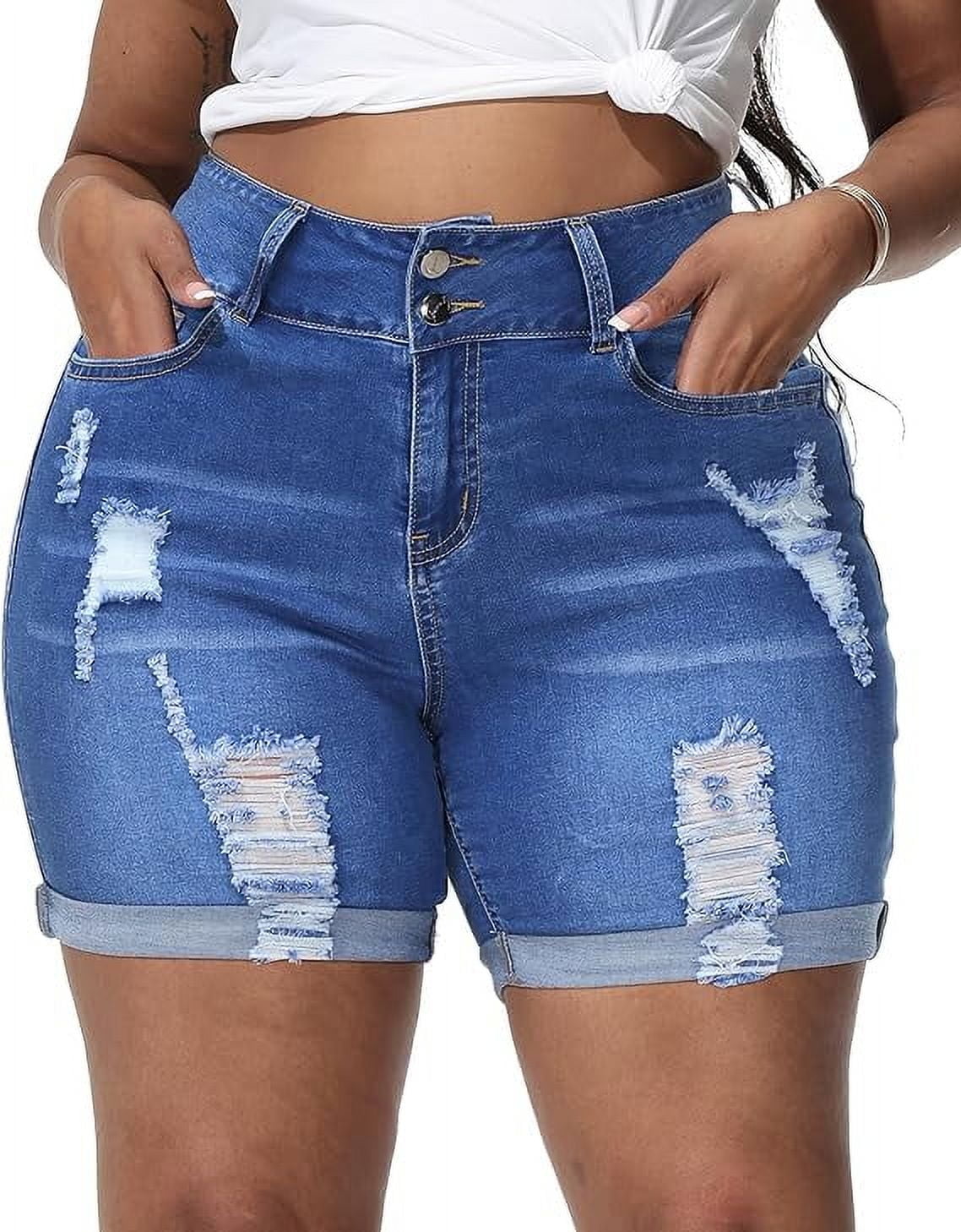 Gocolloa Womens Plus Size Jean Shorts Stretchy High Waisted Distressed ...