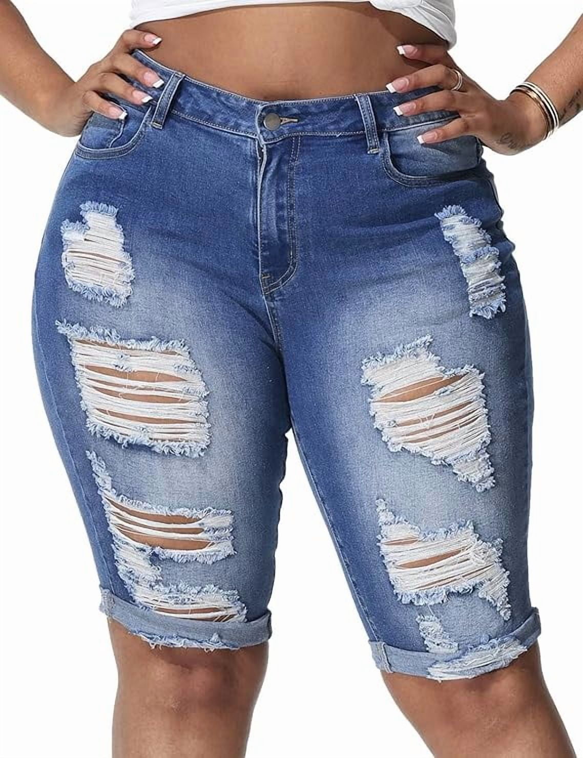 Gocolloa Womens Plus Size Jean Shorts Stretchy High Waisted Ripped ...