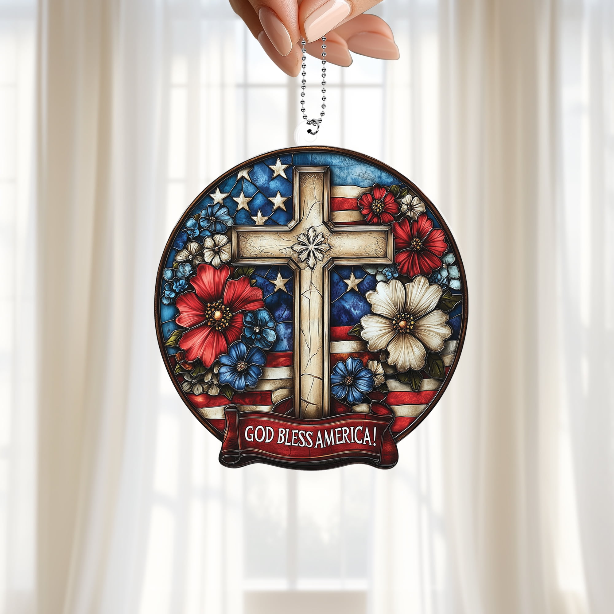 God Bless America Acrylic Window Hanging with Cross and Flowers ...