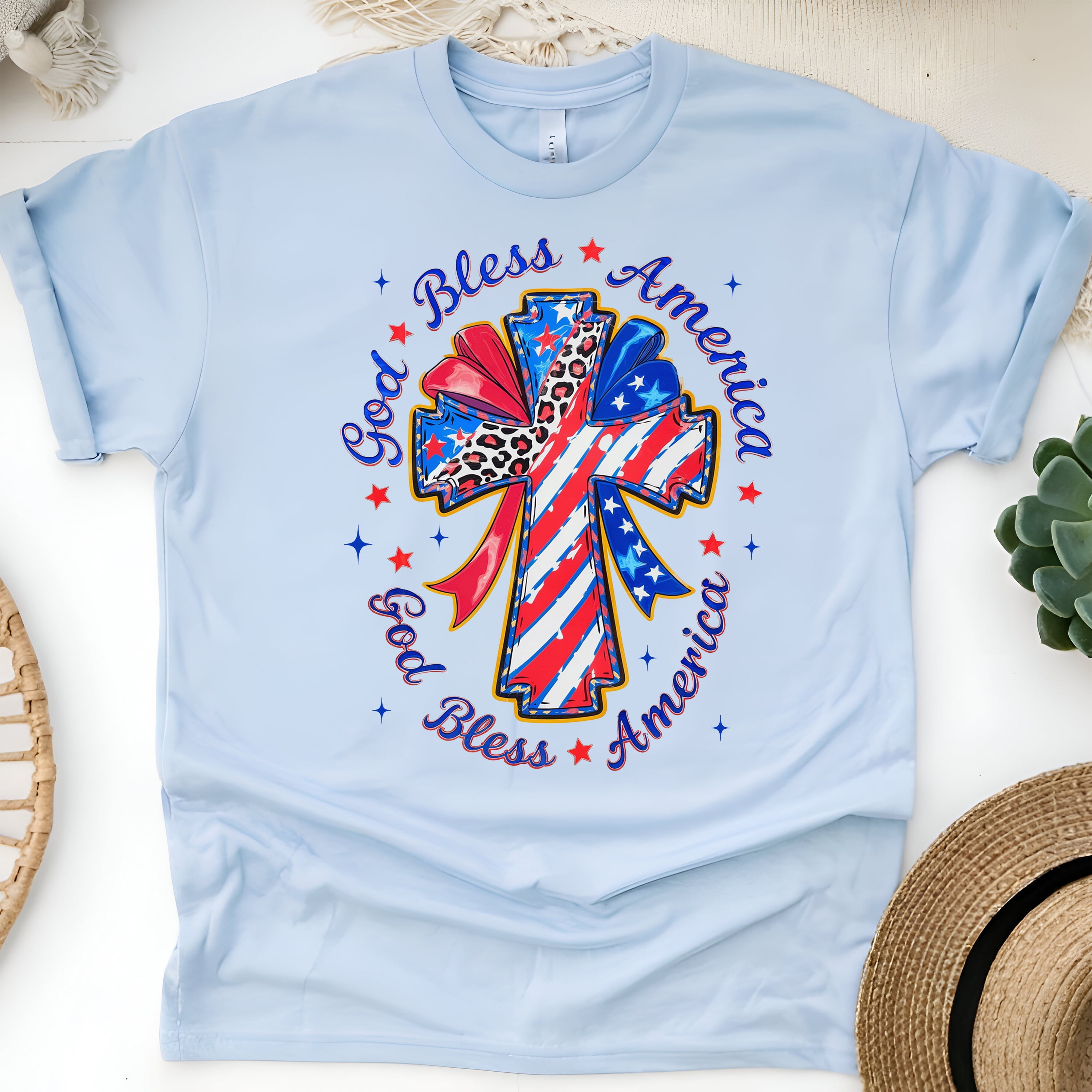 God Bless America Cross T-Shirt – Patriotic USA Flag Christian Tee ...