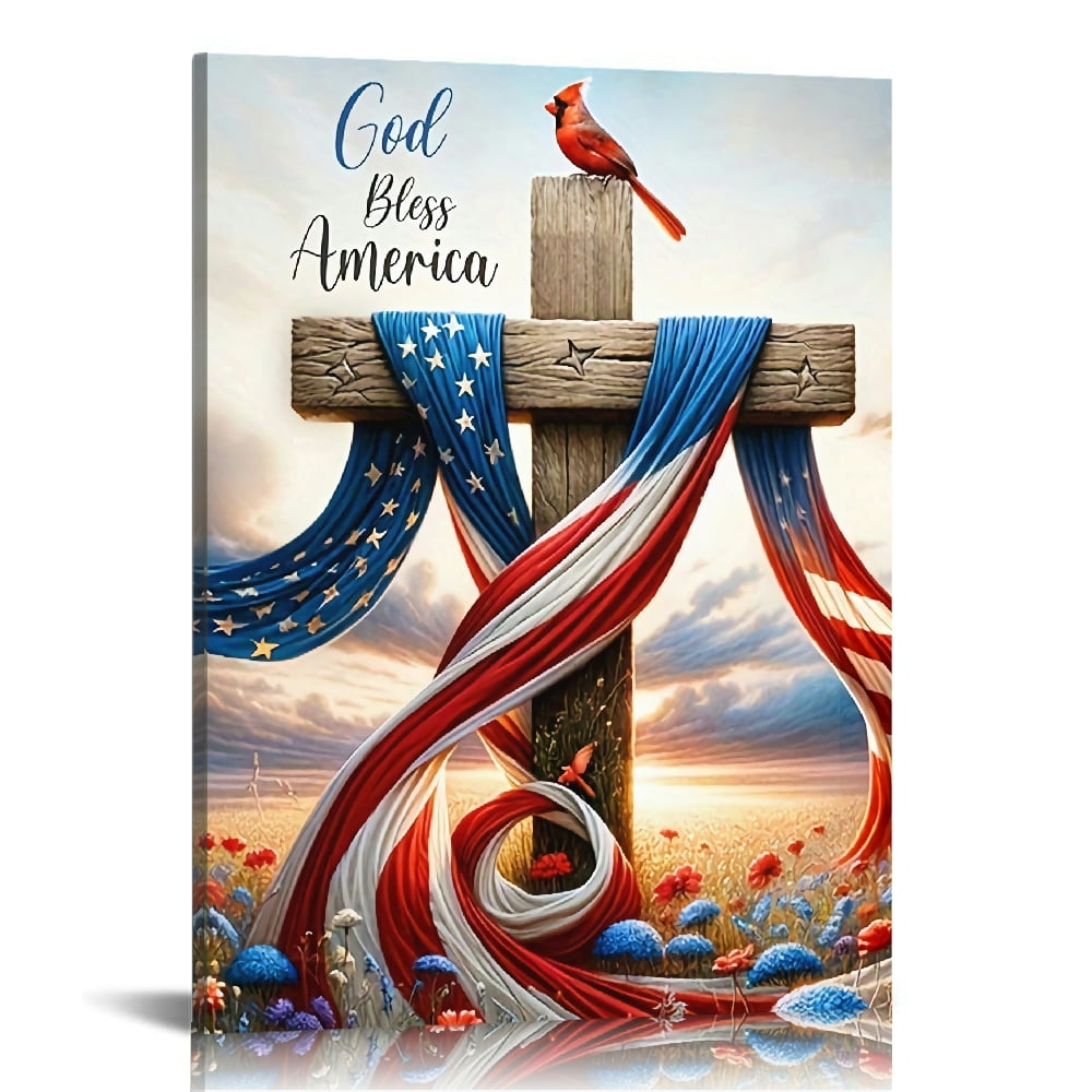 God Bless America Patriotic American Flag & Cross Canvas Wall Art Print ...