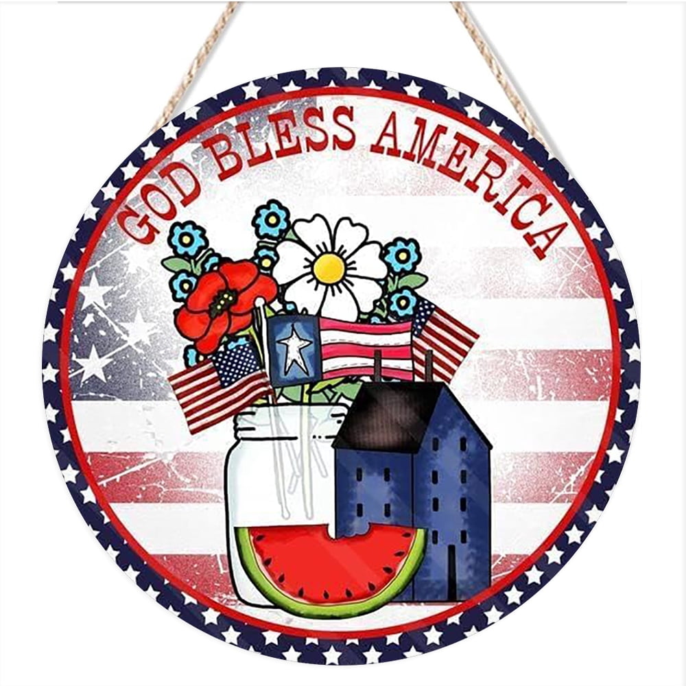 God Bless America Patriotic Rustic Round Hanging Wood Sign Door Sign ...