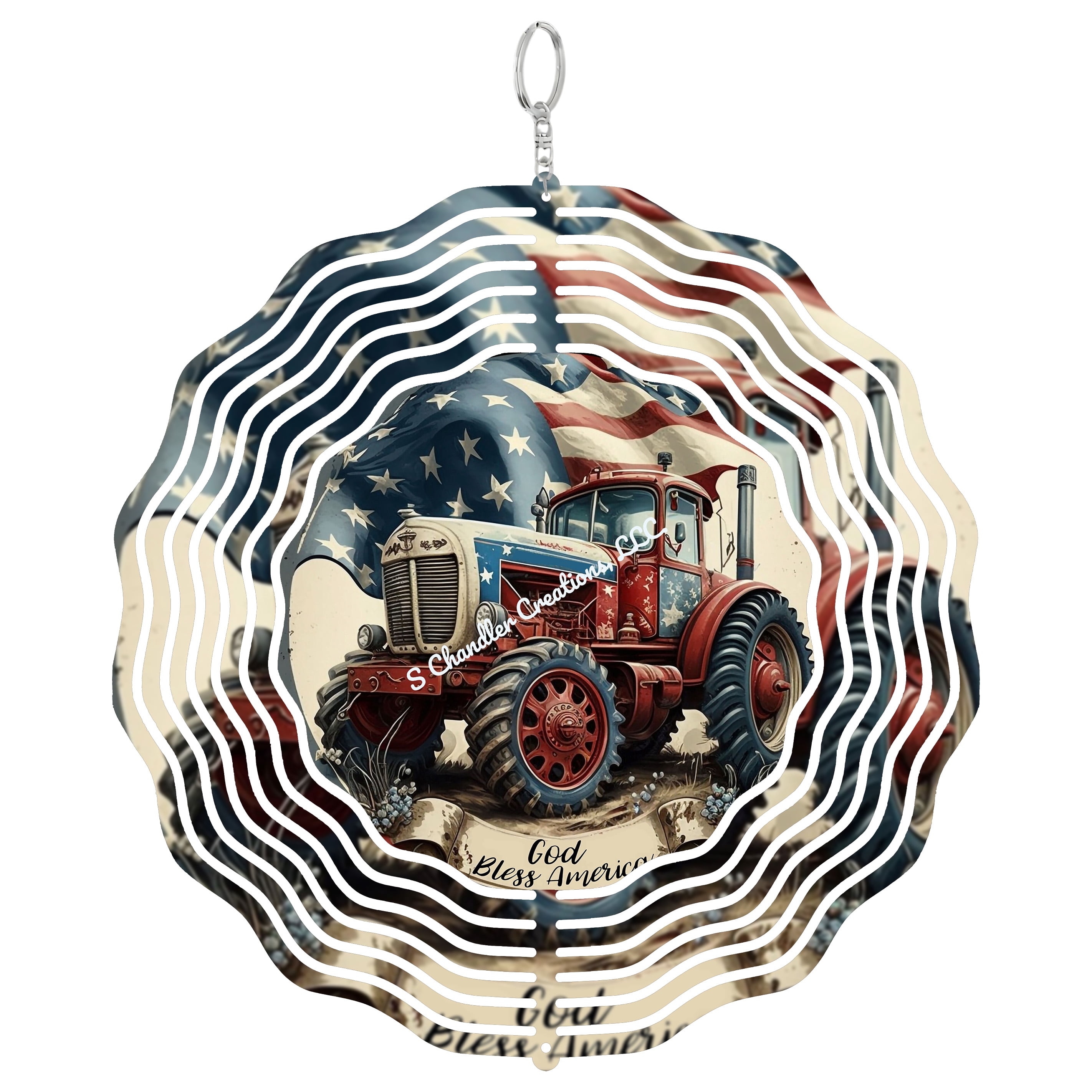 God Bless America Patriotic Tractor 3D Wind Spinner Faux Stained Glass ...