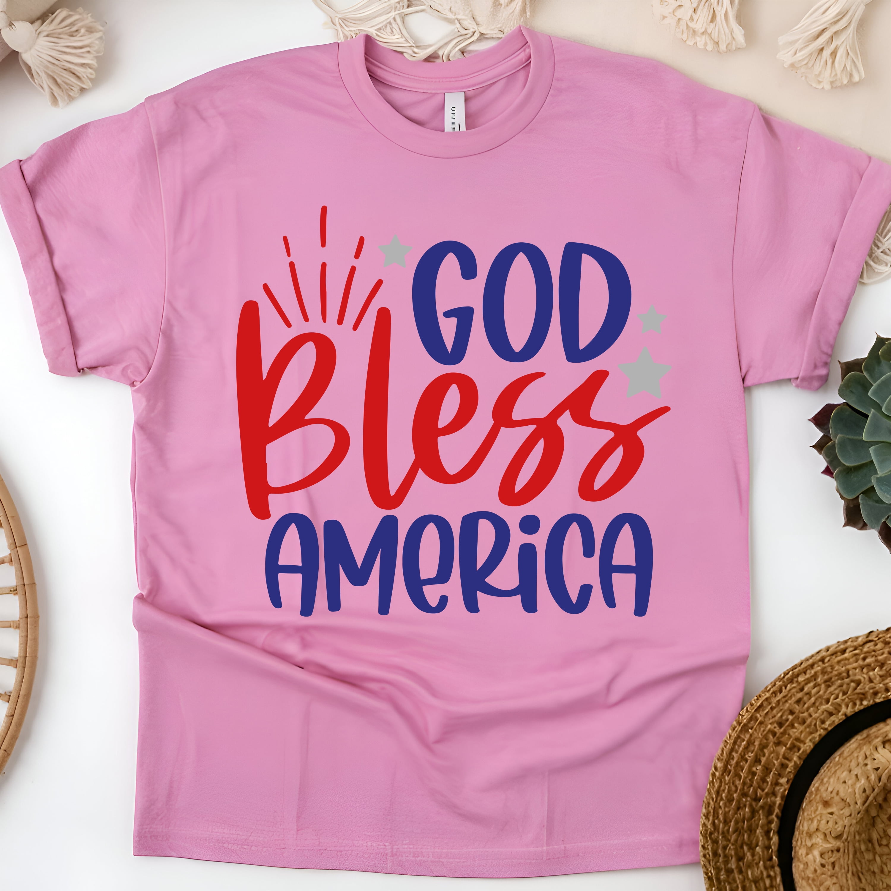 God Bless America Shirt – Handlettered USA Faith Tee, Independence Day Outfit, Azalea, Size M ...