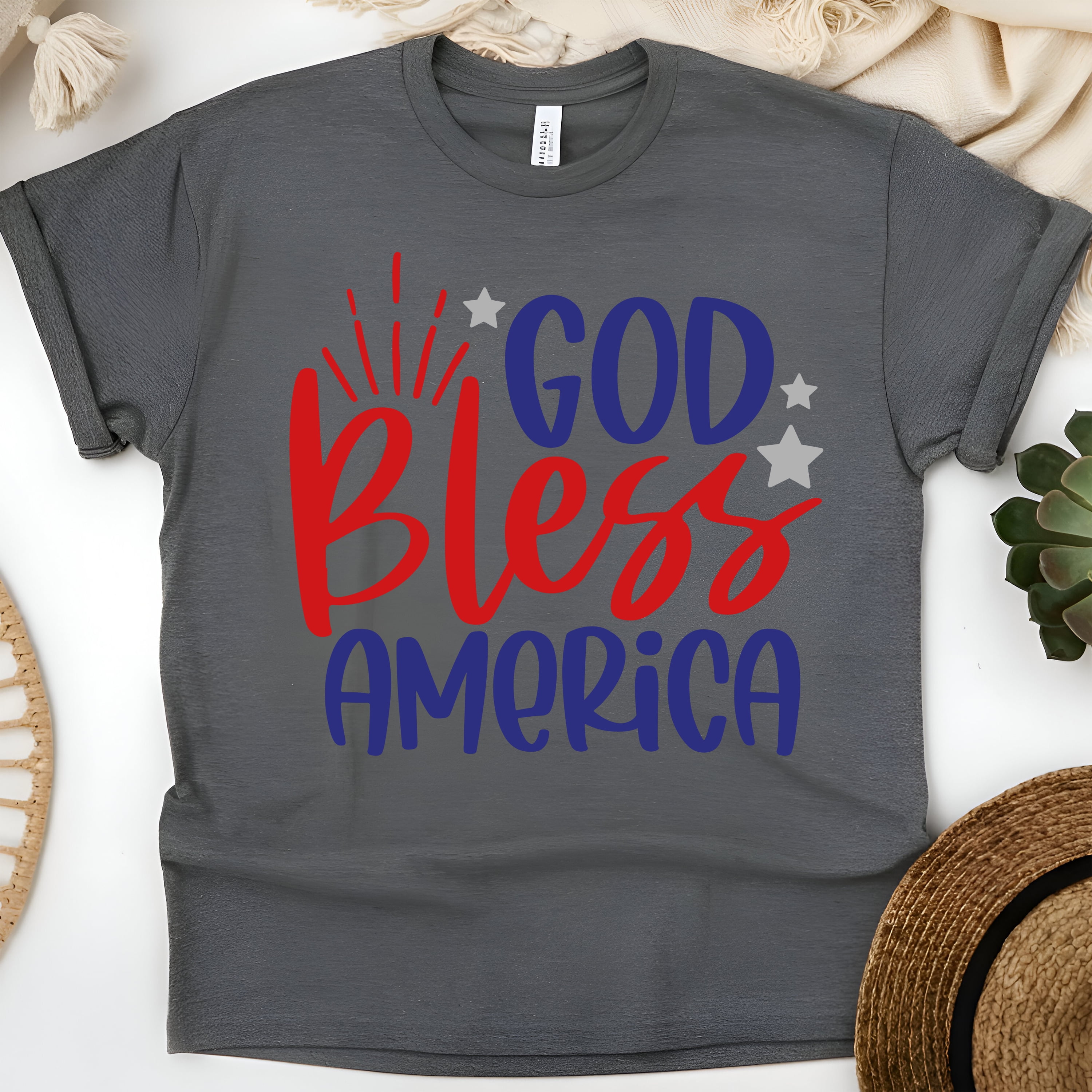 God Bless America Shirt – Handlettered USA Faith Tee, Independence Day Outfit, Dark Heather ...
