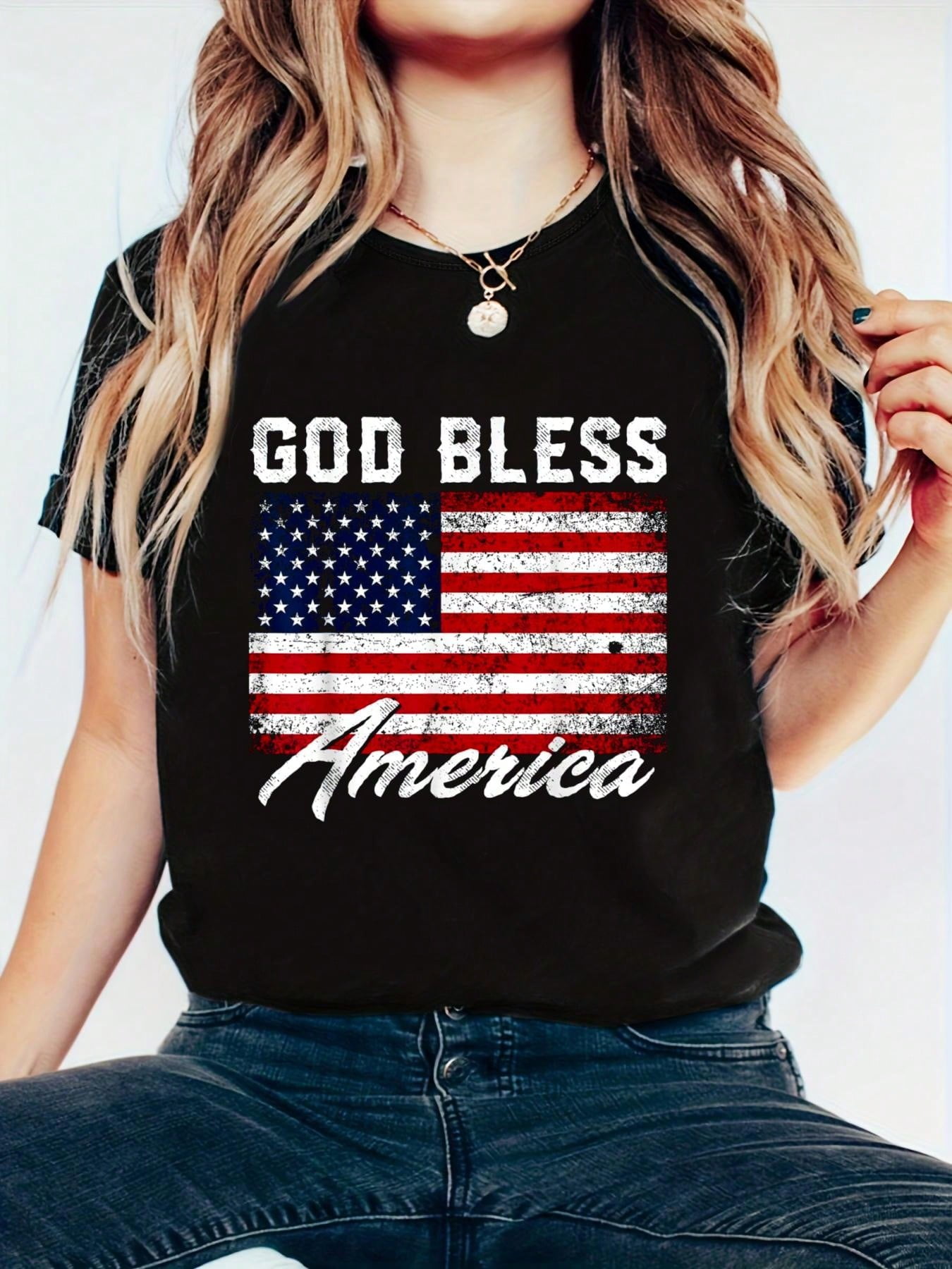 God Bless America USA Flag 4th Of July Patriotic T-Shirt - Soft 100% Cotton Summer Tops Shirts ...