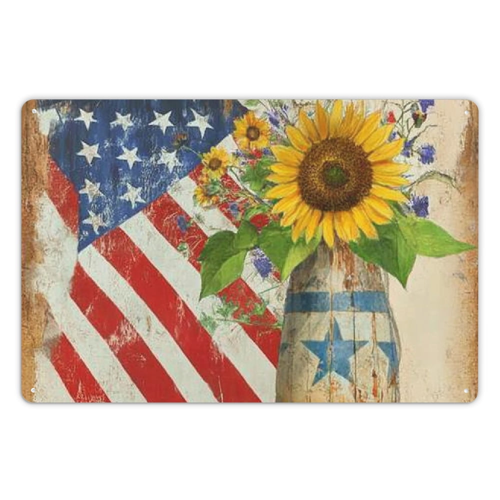 God Bless America USA Flag Sunflower Vintage Metal Signs Independence ...