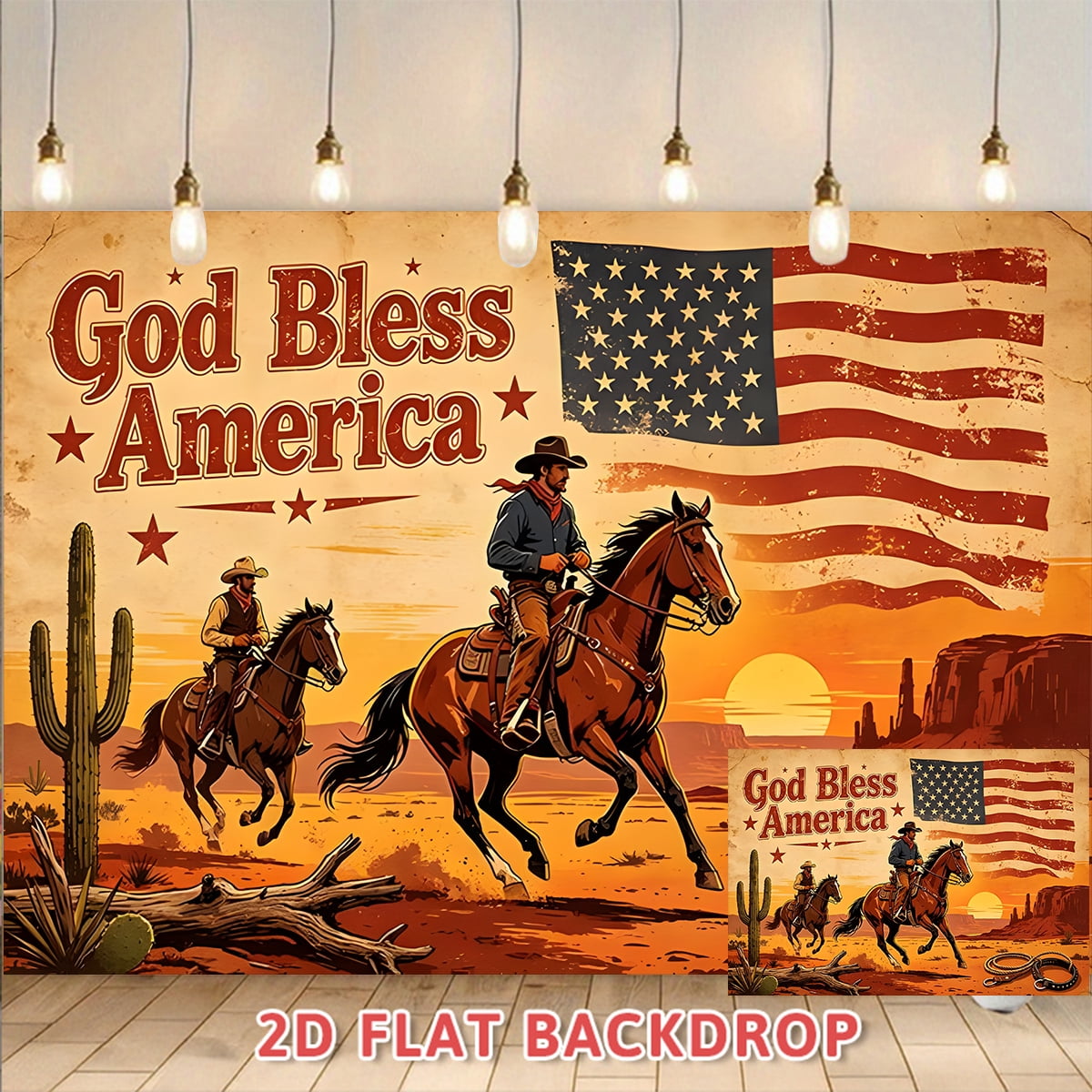 God Bless America Western Cowboy Backdrop, Vintage USA Flag Desert ...