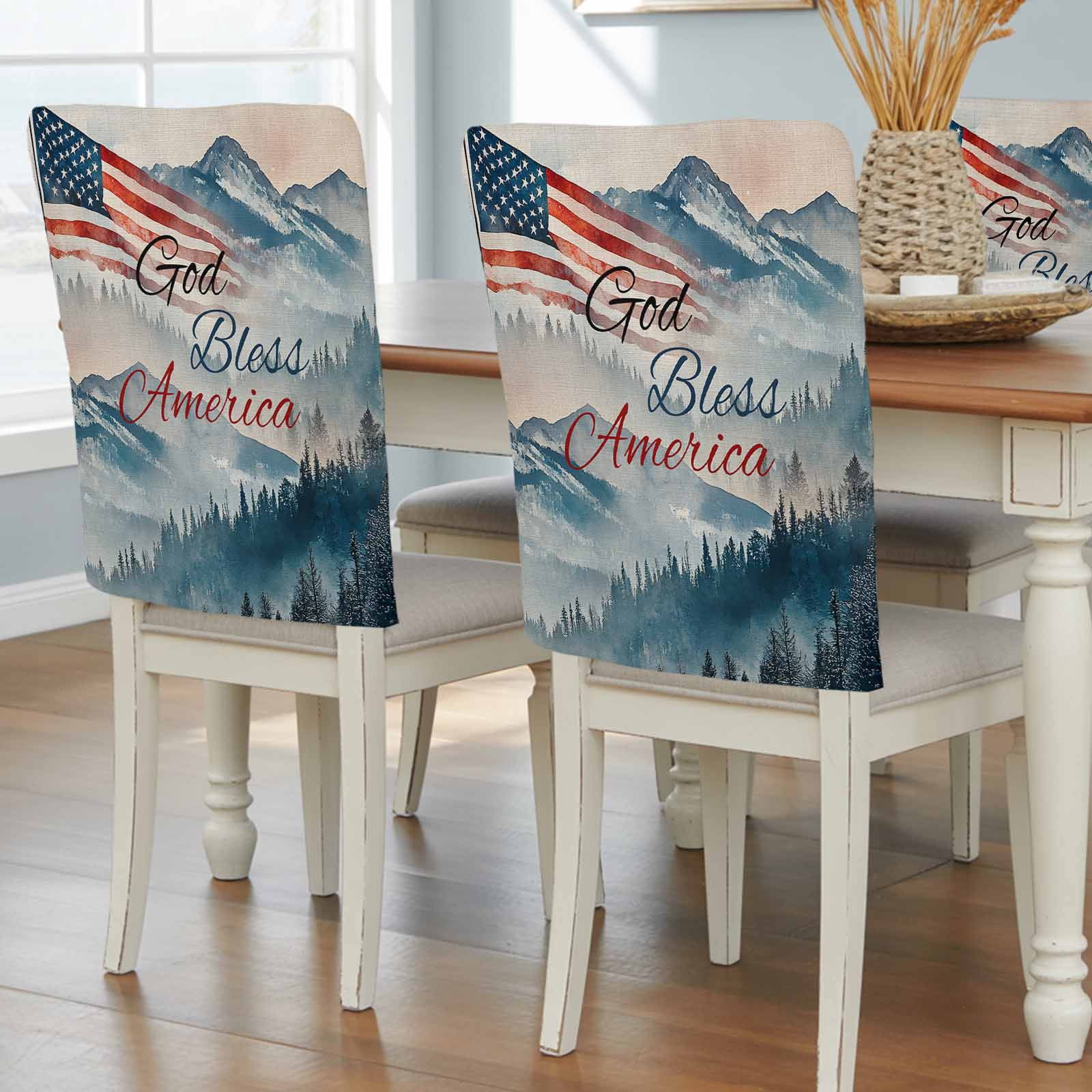God Bless American Usa Flag Chair Covers Set of 6 Mountain Forest Tree ...