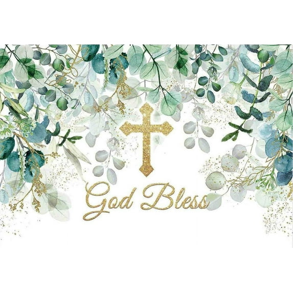 God Bless Backdrop Baptism Party First Holy Communion Christening Banner r Forest Leaves Baby ...