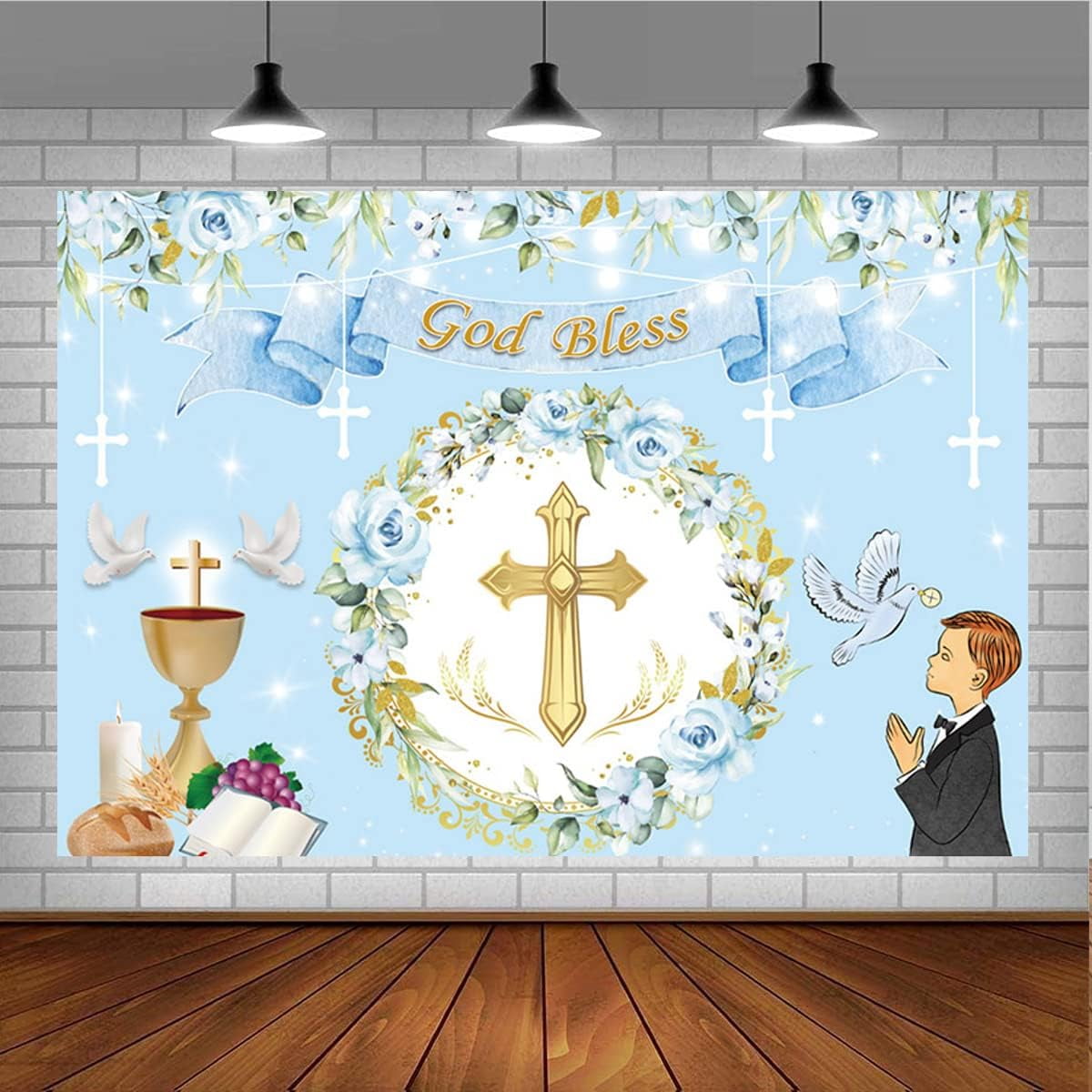 God Bless Backdrop Blue Boy First Holy Communion Party Decor Cross ...