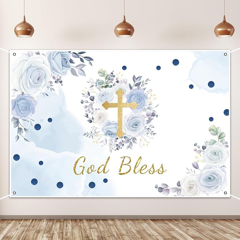 God Bless Backdrop Blue Flowers Gold Cross Print Photography Background ...