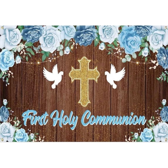 God Bless Backdrop Blue Silver Baptism Party First Holy Communion ...