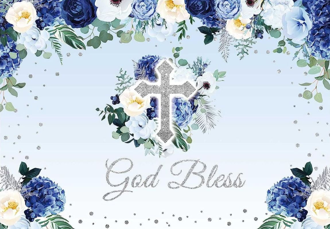 God Bless Backdrop Blue Silver Baptism Party First Holy Communion ...