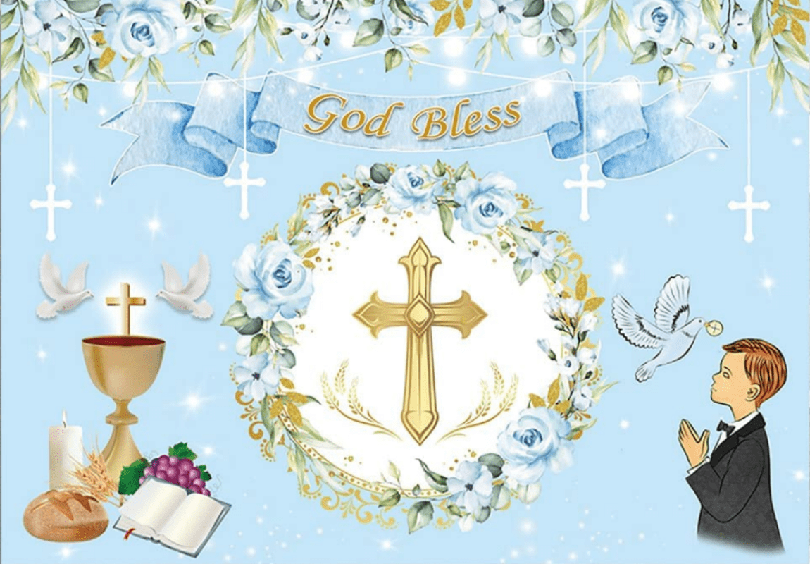 God Bless Backdrop First Communion Baptism Party rations White Flower ...