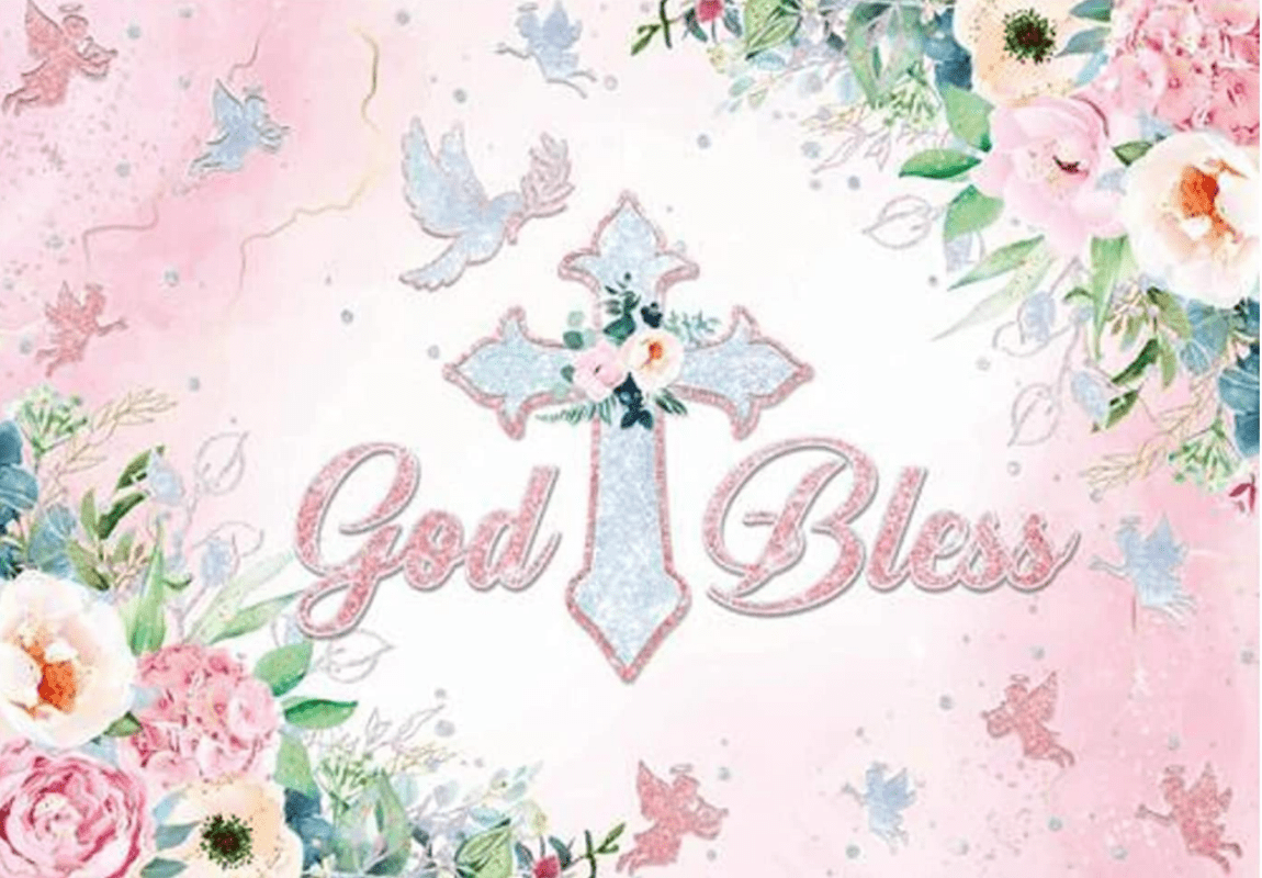 God Bless Backdrop First Communion Baptism Party rations White Flower ...