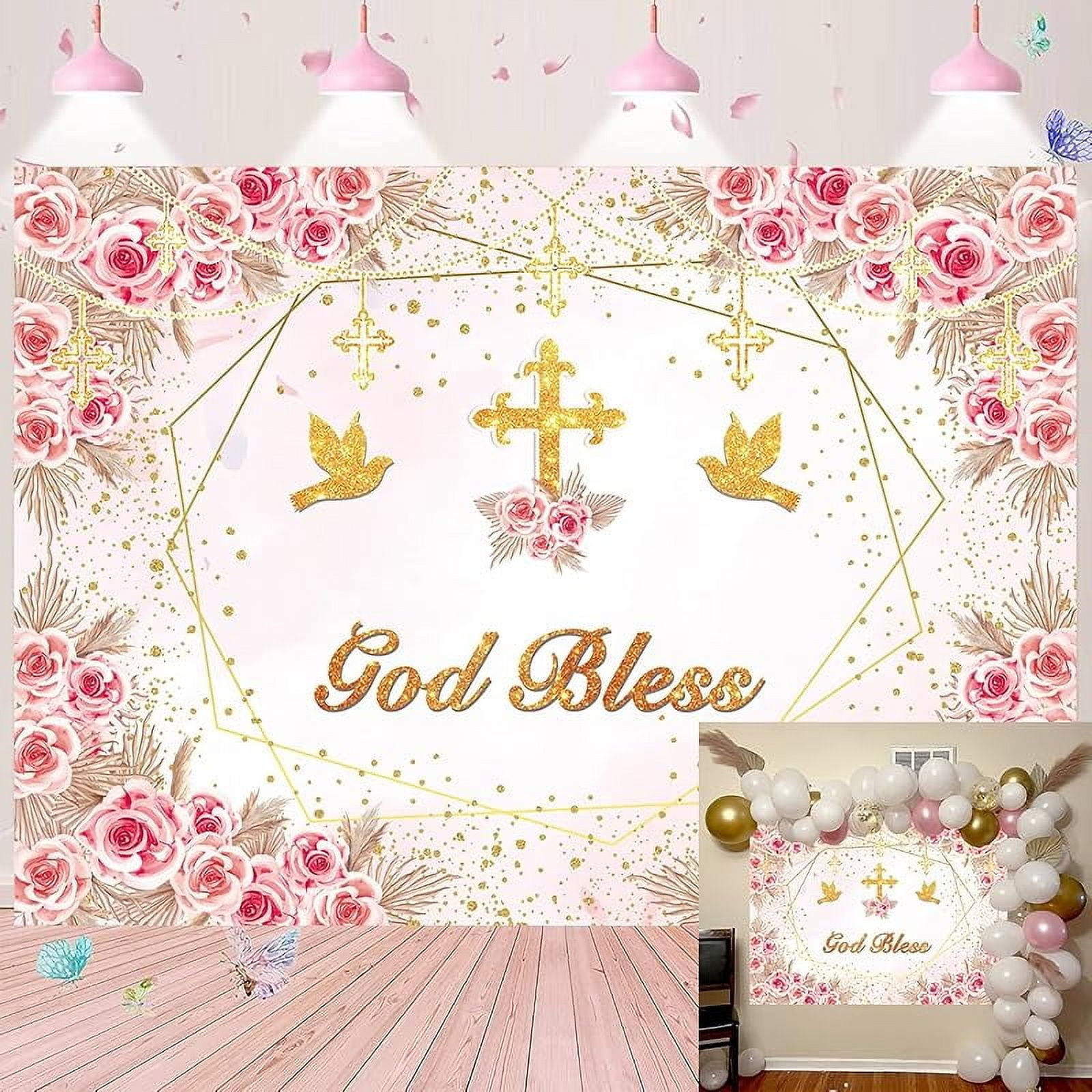 God Bless Backdrop for Girls First Holy Communion Baptism Backdrop Pink ...