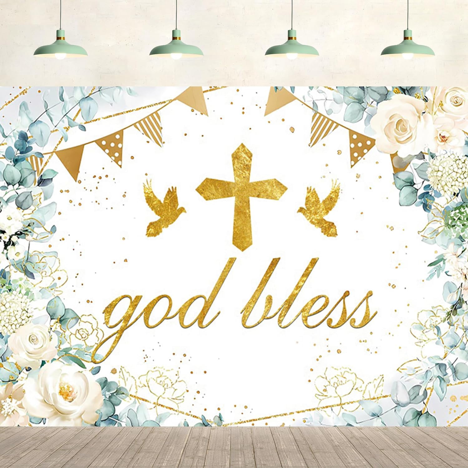 God Bless Backdrop Golden Cross Bird White Rose Flower Eucalyptus ...
