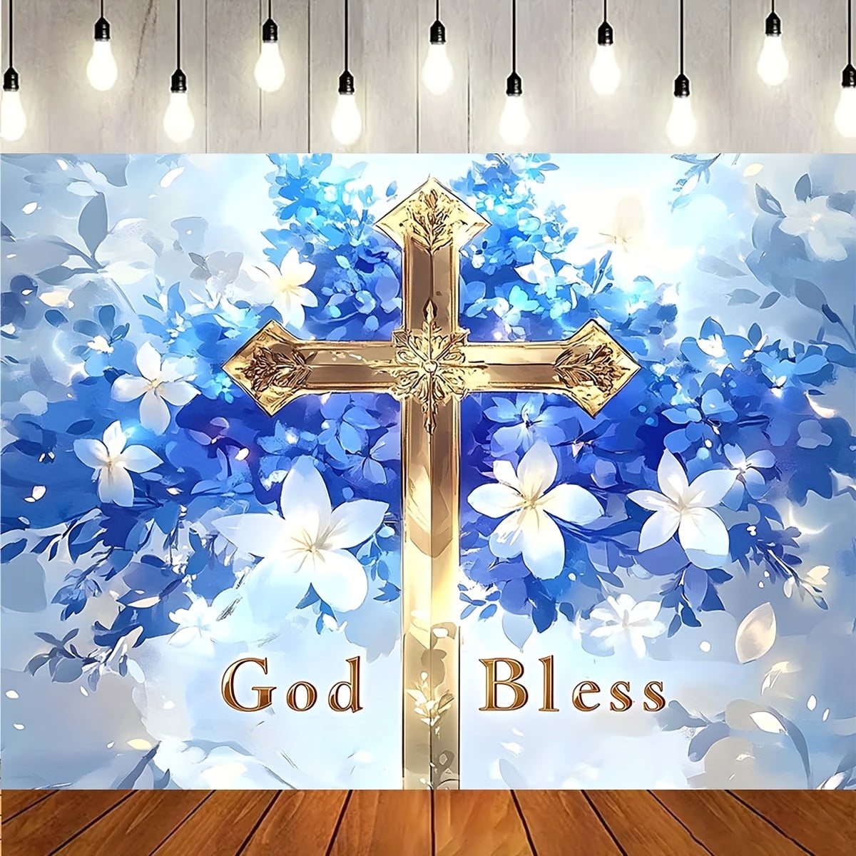 God Bless Backdrop with Golden Cross & Floral Design - Perfect for ...