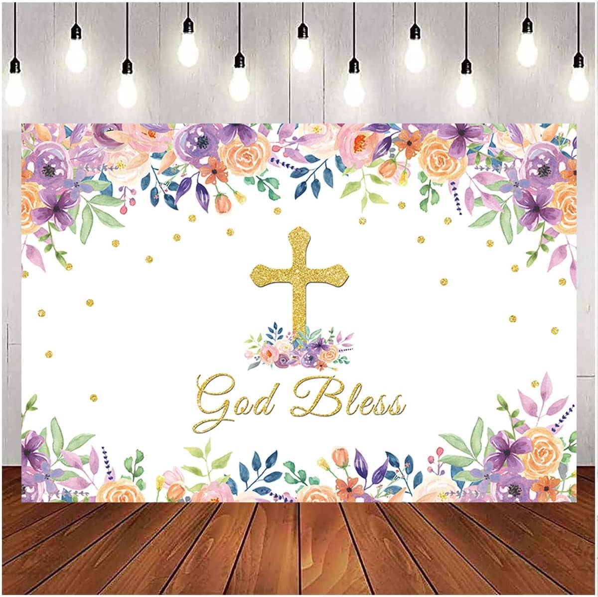 God Bless Backdrop Golden Cross Green Leaves Flower Baptism Background ...