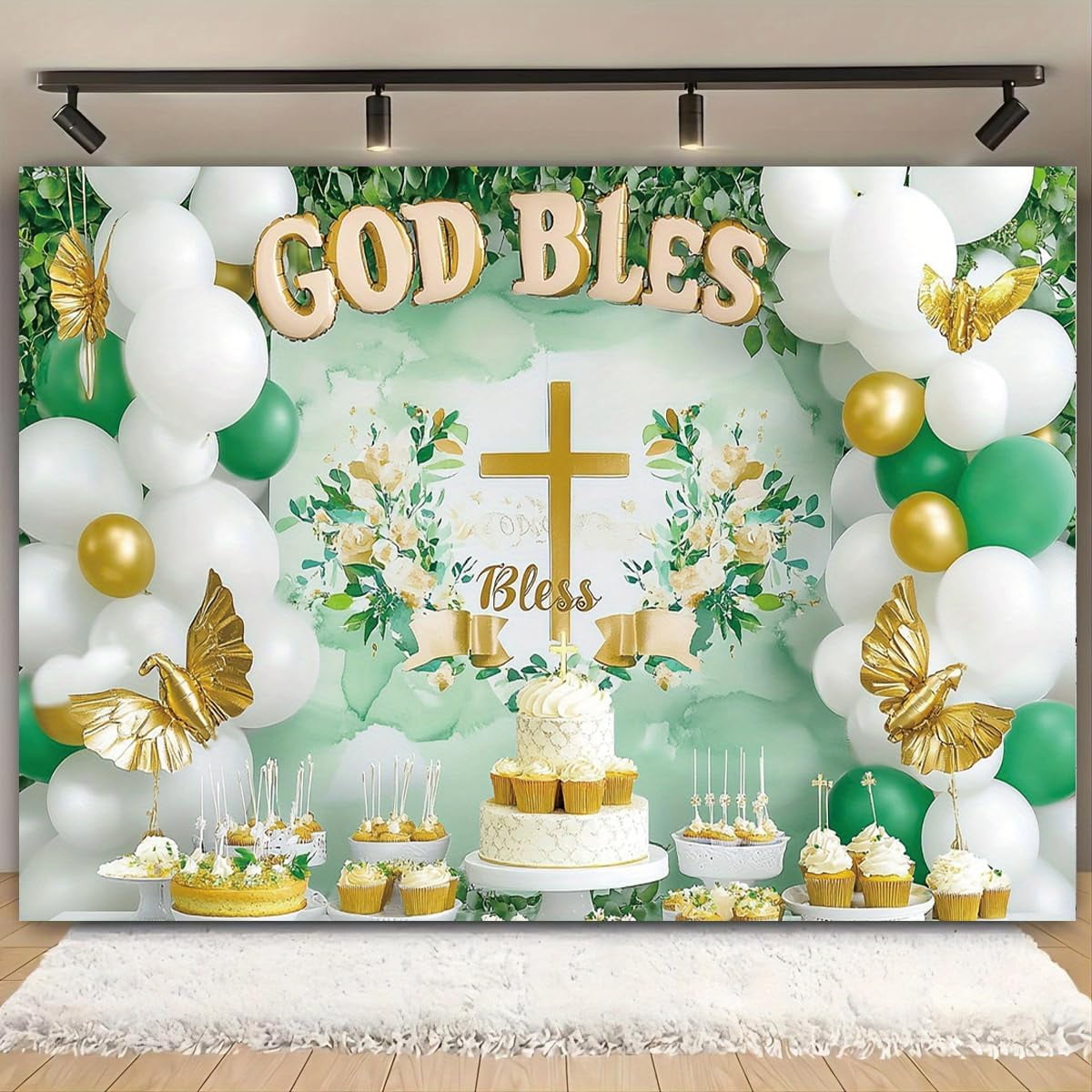 God Bless Backdrop Greenery Leaves Gold Dots Baby Shower Party ...