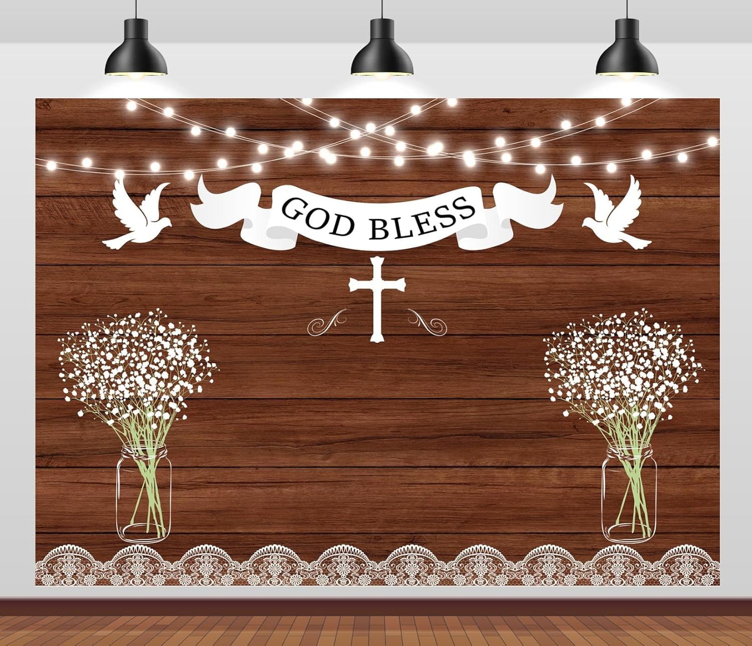 God Bless Backdrop Rustic Wood Floral My First Holy Communion ...