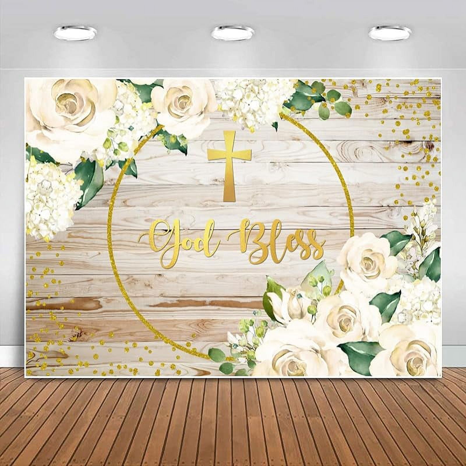 God Bless Backdrop Rustic Wood White Floral Newborn Baby Shower ...